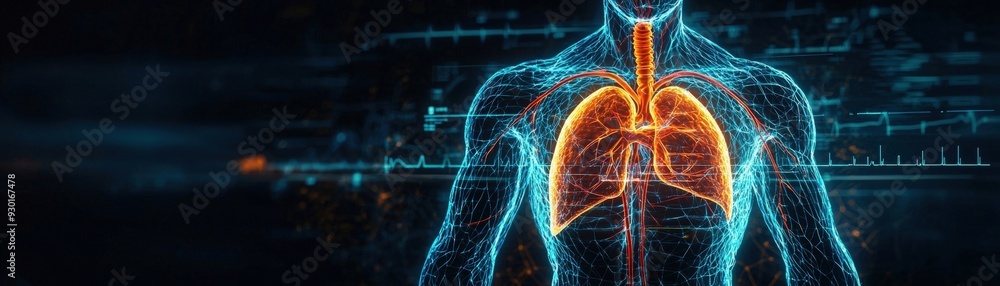 Illuminated human respiratory system with focus on lungs, showcasing ...