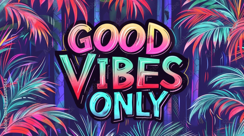 "GOOD VIBES ONLY" text in bold funky typography against a tropical ...