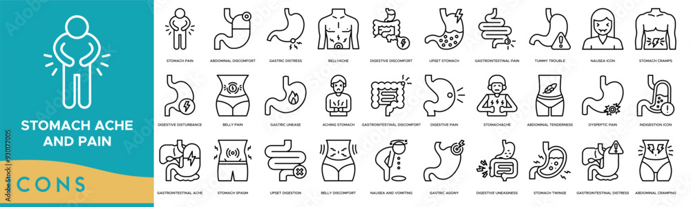 Stomach ache and pain icon. Stomach Pain, Abdominal Discomfort, Gastric ...