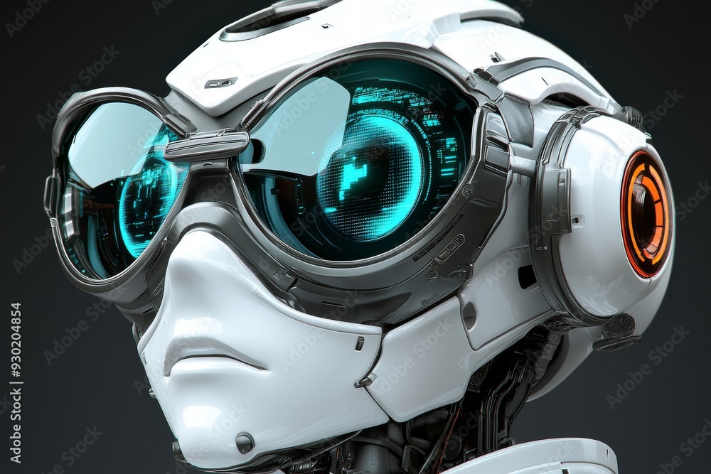 Futuristic humanoid robot with large reflective goggles illustrating ...