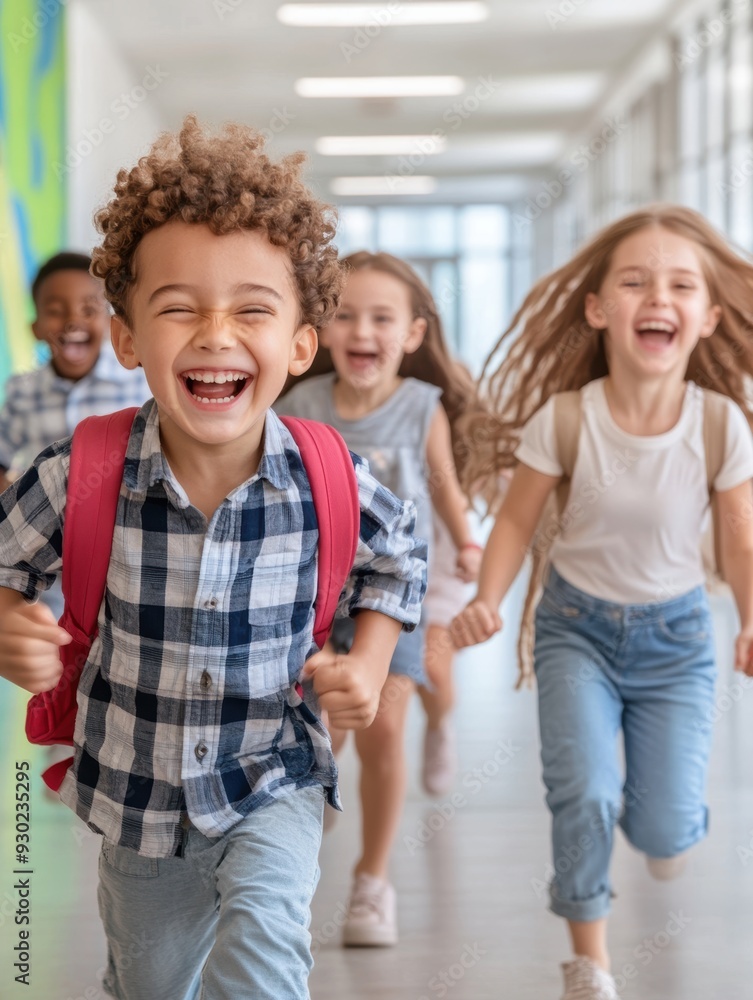 Group of young children running down school hallway, laughing and ...