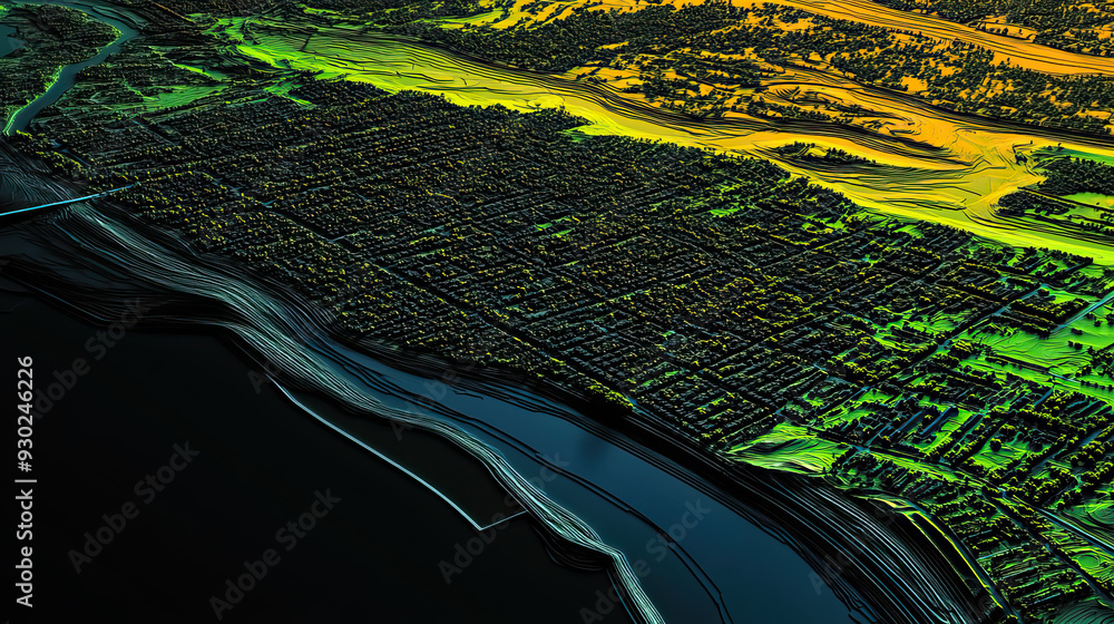 Technical aerial visual, 3D LiDAR GIS aerial map satellite scan model ...