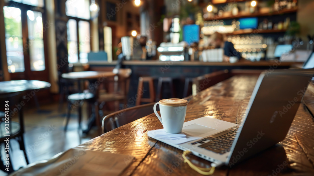 Inviting workplace on a cafe counter bar, featuring a laptop, coffee ...