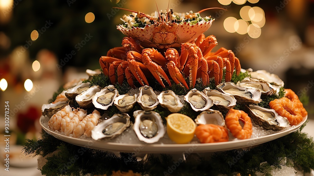 A gourmet seafood tower featuring oysters, lobster tails, and king crab ...