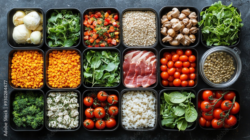 A weekly meal plan layout with fresh ingredients like leafy greens ...