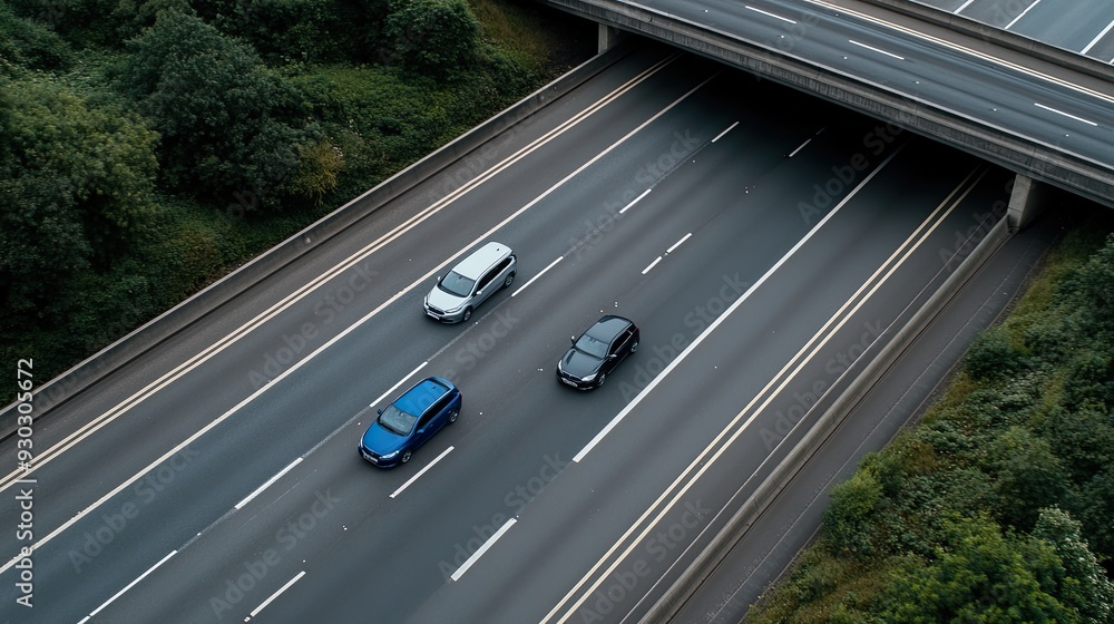 Three cars navigate the motorway under a bright sky, as one approaches ...
