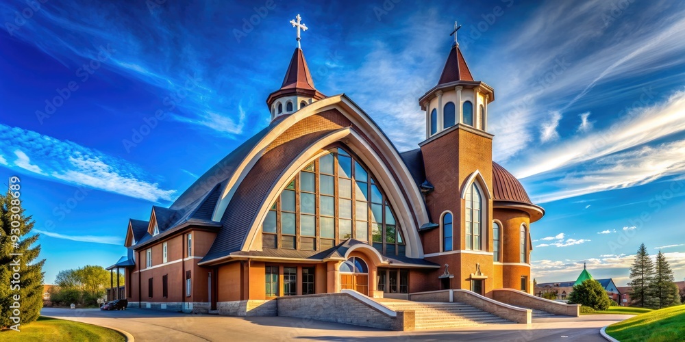 Unique curved architecture of a historic Catholic church set against a ...