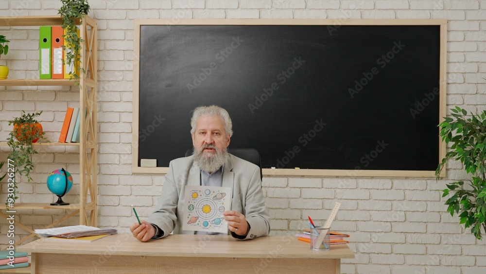 Aged man college professor sit at desk in classroom in front of ...
