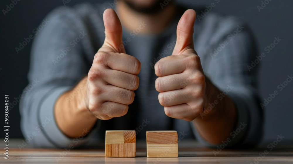 Person showing double thumbs up gesture with wooden blocks on a table ...