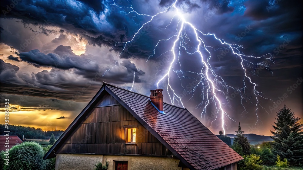 A dramatic lightning bolt illuminates the dark sky, its electric path ...