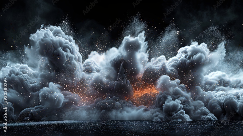 Fire explosion particles flying with black or grey dark smog cloud ...