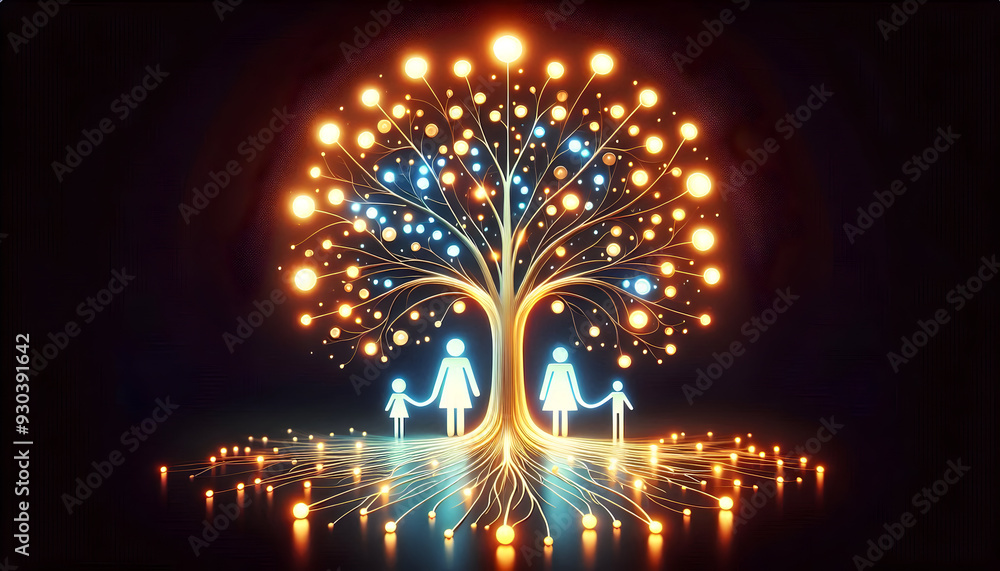 3D Glowing Abstract Family Tree with Same Parent Roots Concept ...