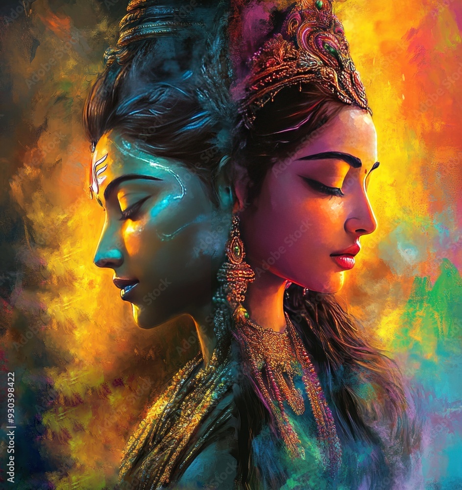 painting of the goddess shiva and parvati half face Stock Illustration ...