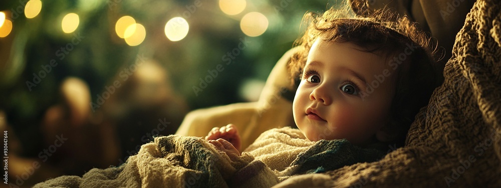 front view of a baby Jesus. Background, with copy space for text. For ...