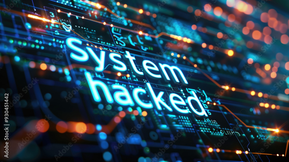 Glowing 'System Hacked' message overlaid on electronic circuit board background with neon lights ...