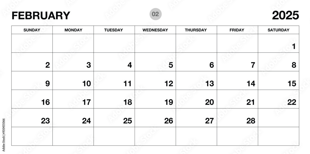 Vector de Stock February 2025 year planner template, calendar 2025 ...
