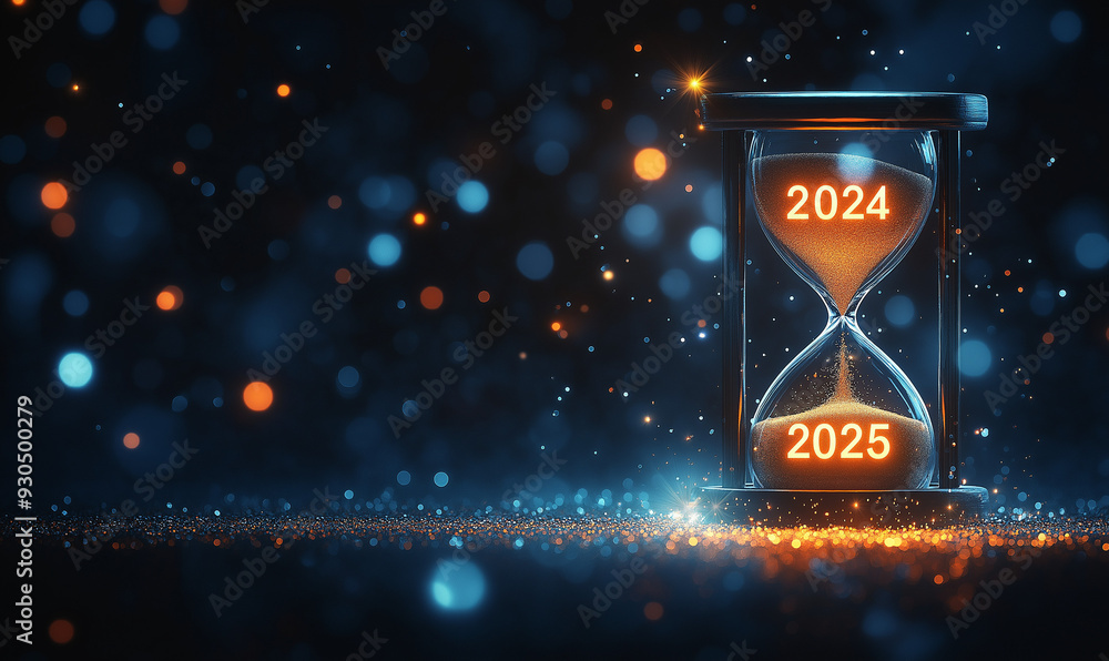 Hourglass with glowing 2024 and 2025 years, time passage concept or new ...