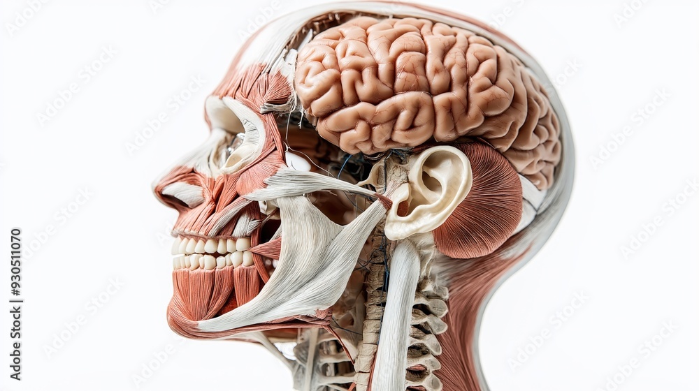Detailed anatomical model of a human head showing muscles, brain, ear ...
