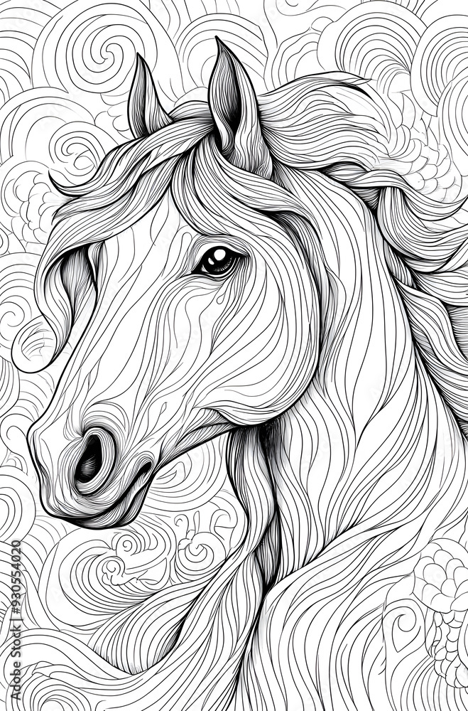 Coloring page for adult with a horse, Sketch for anti-stress adult ...