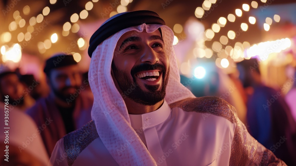 happy arab man, sheikh in traditional arabic white clothes kandura and ...