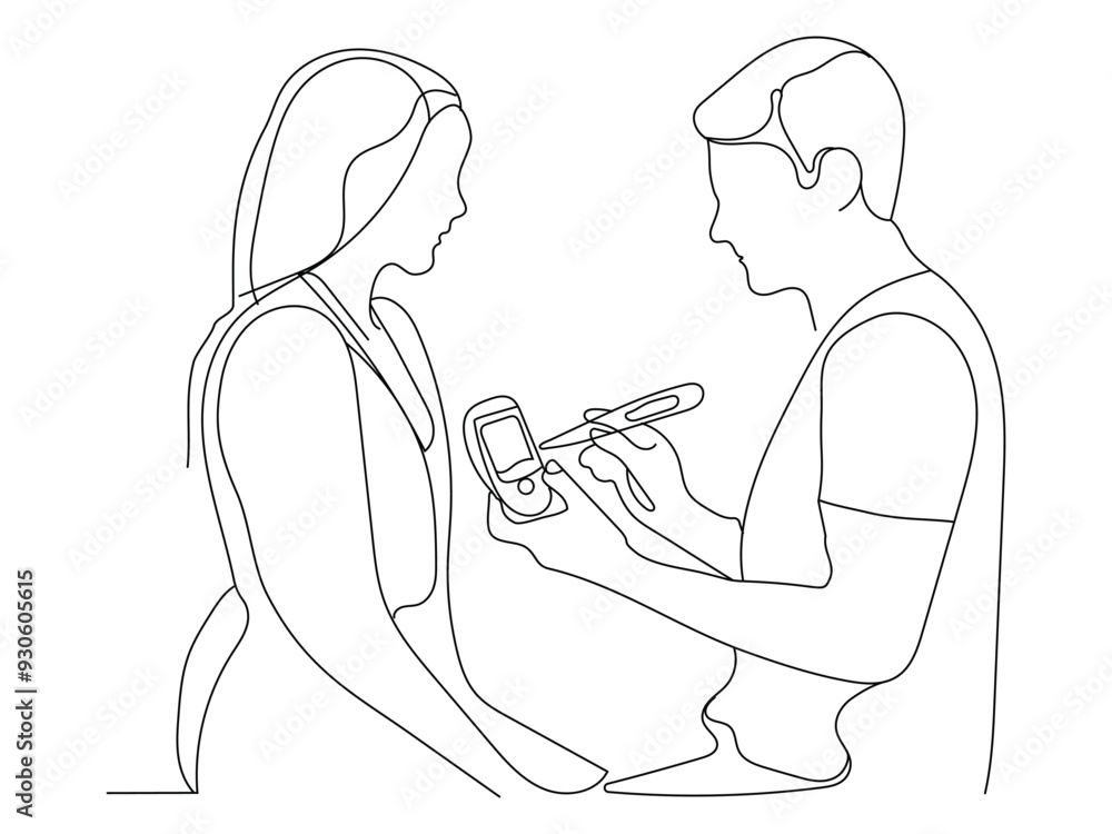 continuous one-line drawing doctor helping patient to check diabetes in ...