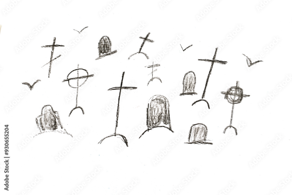 Pencil drawing. Crosses of various shapes, monuments and black birds ...