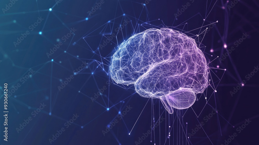 AI brain made of glowing lines and dots, showcasing futuristic technology. Human brain activity ...