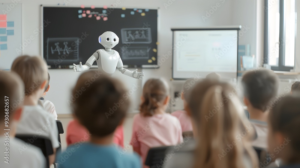 humanoid robot teacher pointing at a smart board filled with animated ...