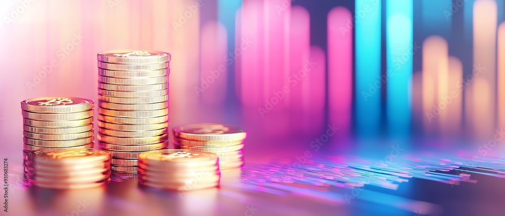 Colorful coins stacked on a reflective surface, representing wealth ...