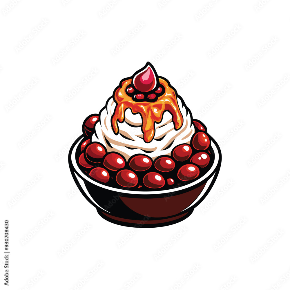 A stylized vector drawing of bingsu, a Korean shaved ice dessert, with ...