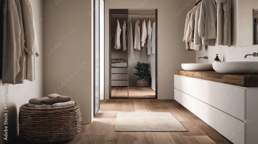 A modern bathroom with double sinks, a well-organized walk-in closet ...