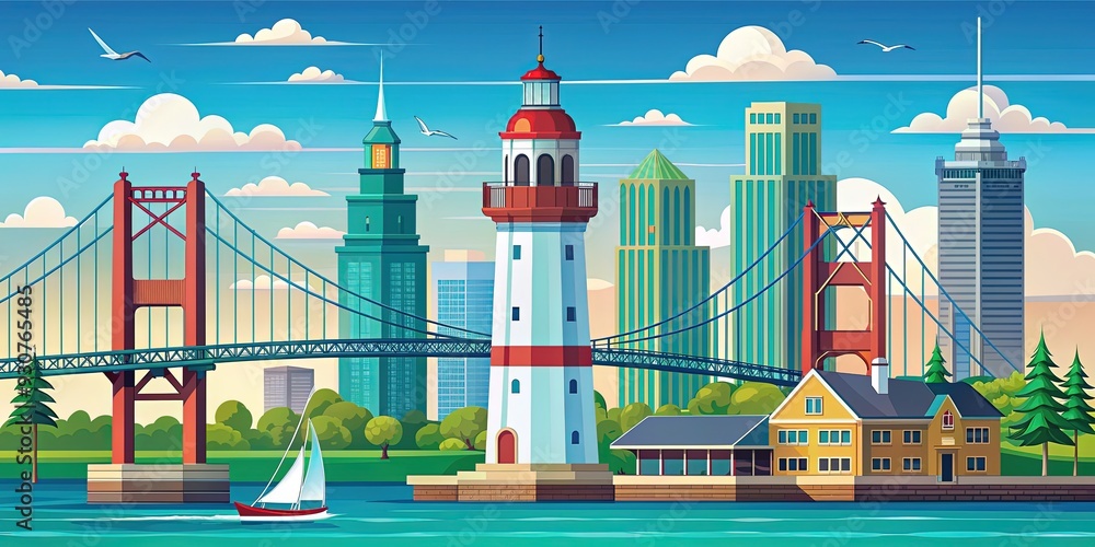 Stylized illustration of Michigan's iconic landmarks, including the ...
