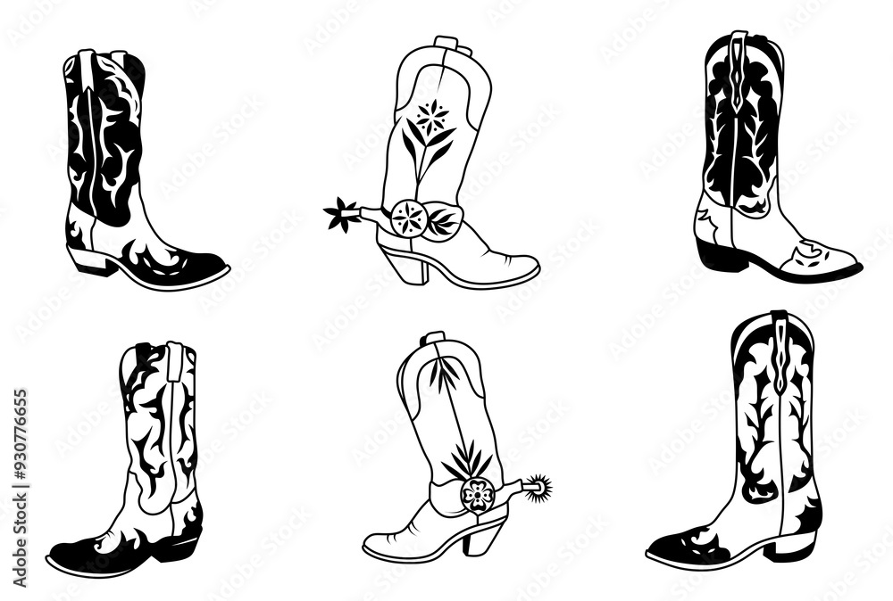 Cowboy boots black and white illustration. Painted cowboy boots ...