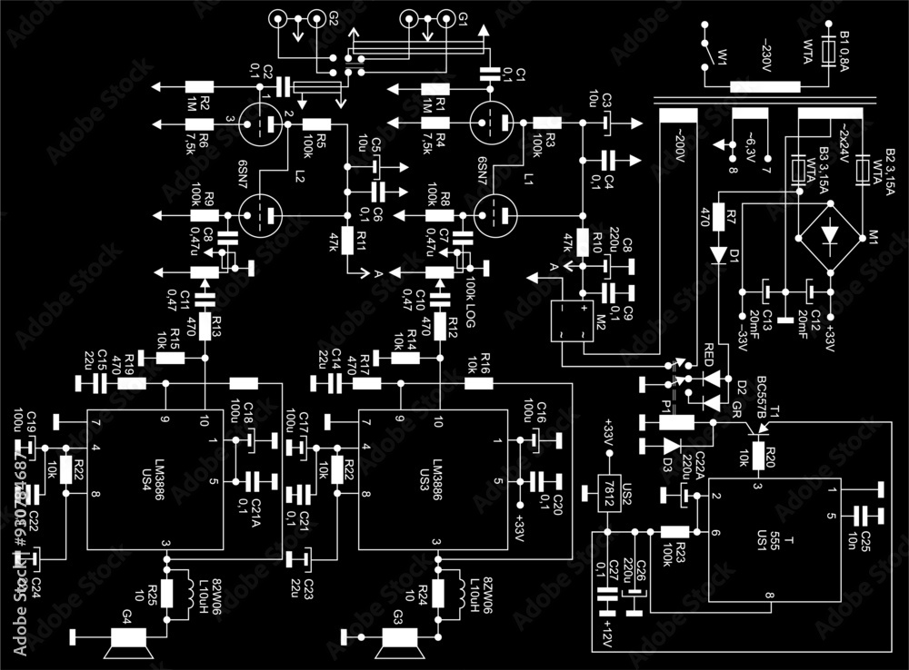 Technical Schematic Diagram Of Analog Electronic Device Vector Drawing Electrical Circuit With