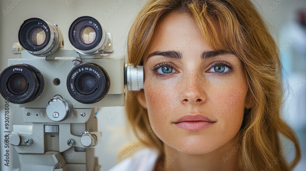 Mujer joven rubia en clínica oftalmológica recibiendo diagnóstico sobre problemas visuales ...