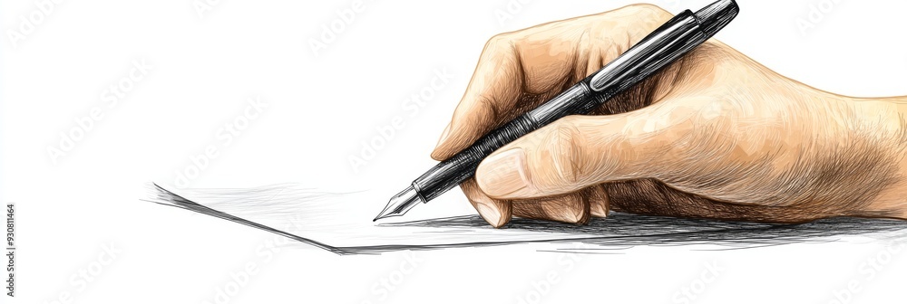 A detailed line art illustration shows a hand grasping a pen above a ...