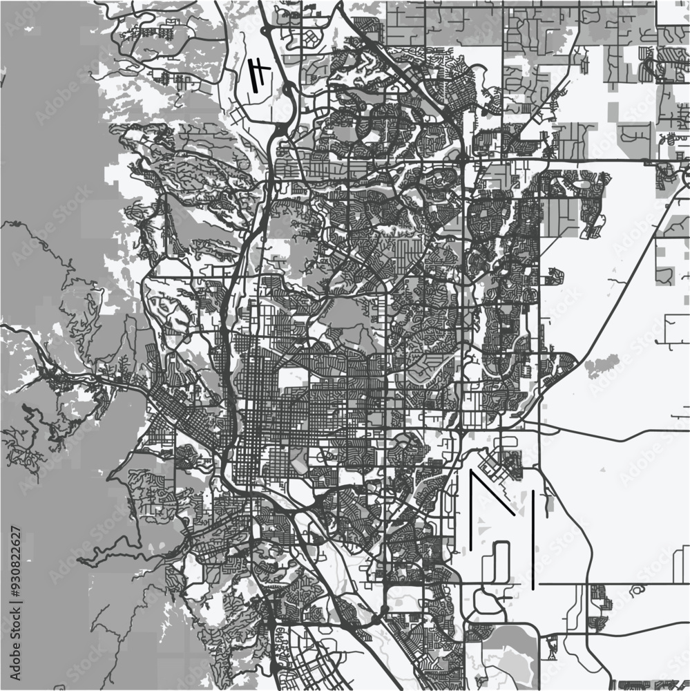 Map of Colorado Springs in Colorado in grayscale. Contains layered ...
