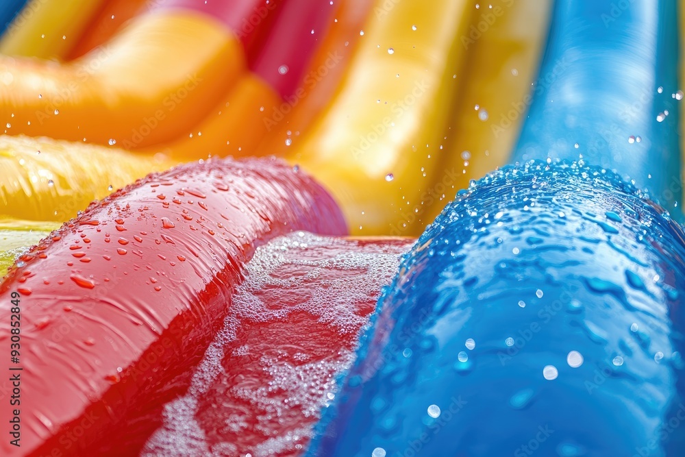 Water splashes on a bright colorful slide. This photo represents summer ...