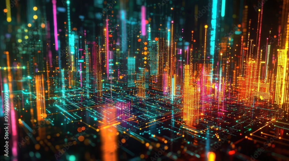 Futuristic chart depicting data flows in a smart city, with bright ...