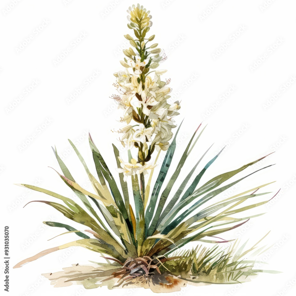 Watercolor painting of a magnificent yucca plant in full bloom, with ...