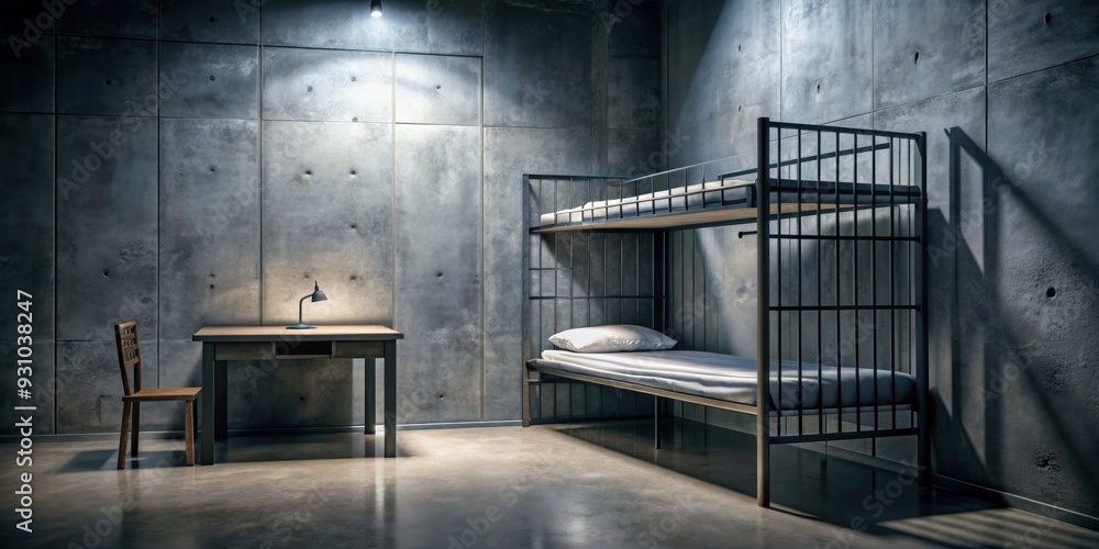 Dark empty jail cell with iron bunk bed and wooden bedside table ...