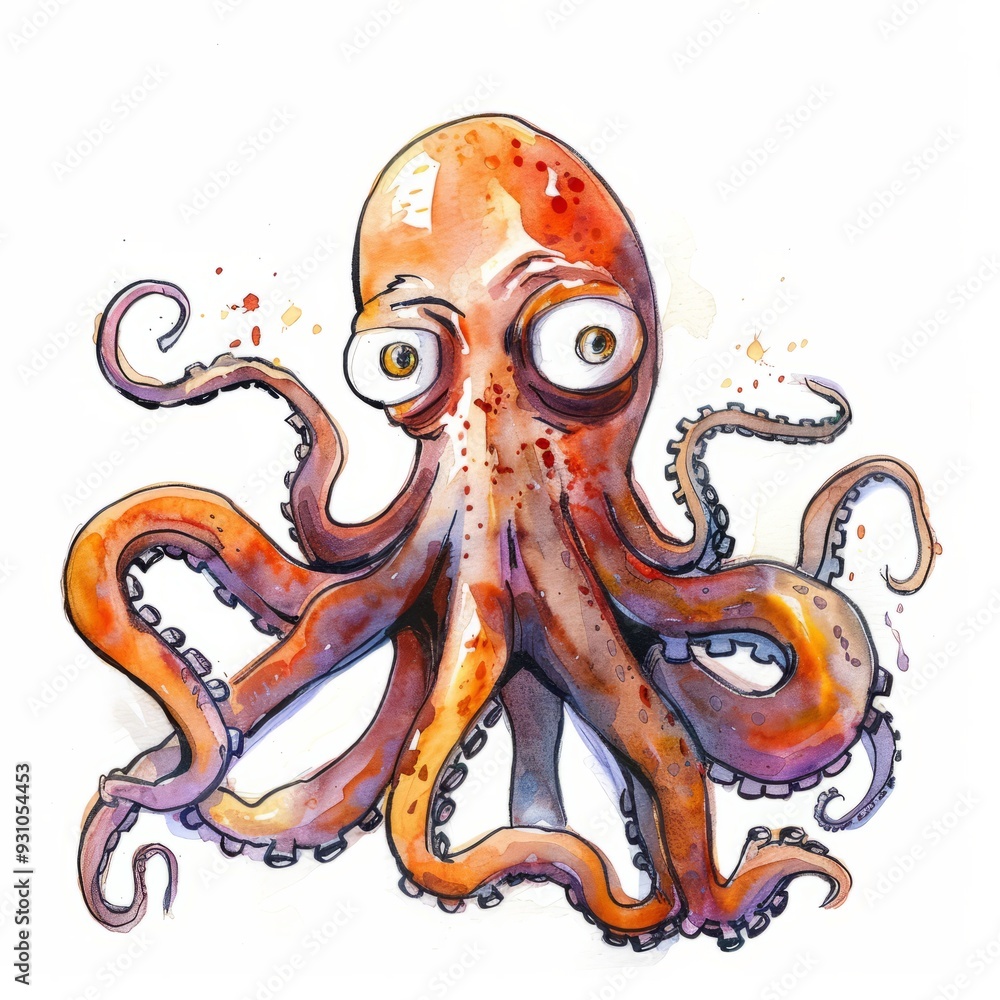 Watercolor painting of a clumsy octopus tangled in its own tentacles ...