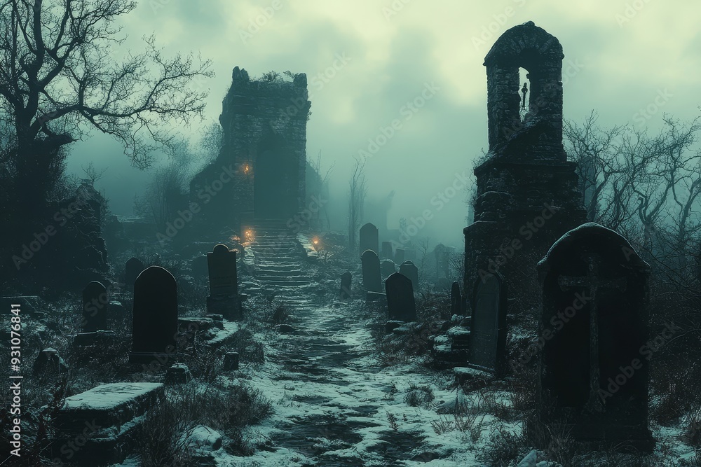 Illustrate a haunted timetraveling graveyard with 177 sky, church ...