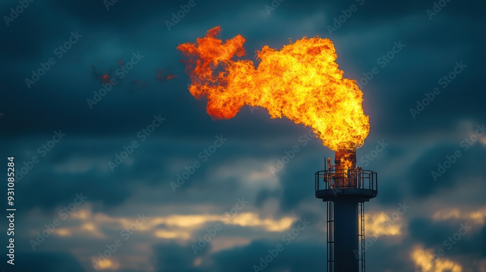 Gas flare stack with flames rising into a cloudy sky, focusing on the ...