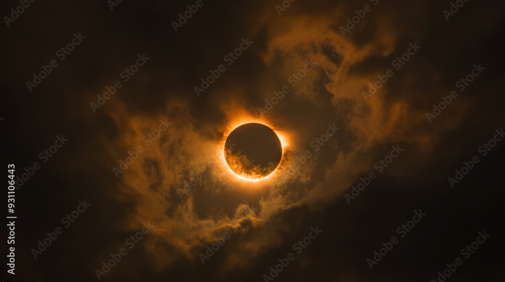 Orange-colored solar eclipse set against a dark sky, with a glowing ...
