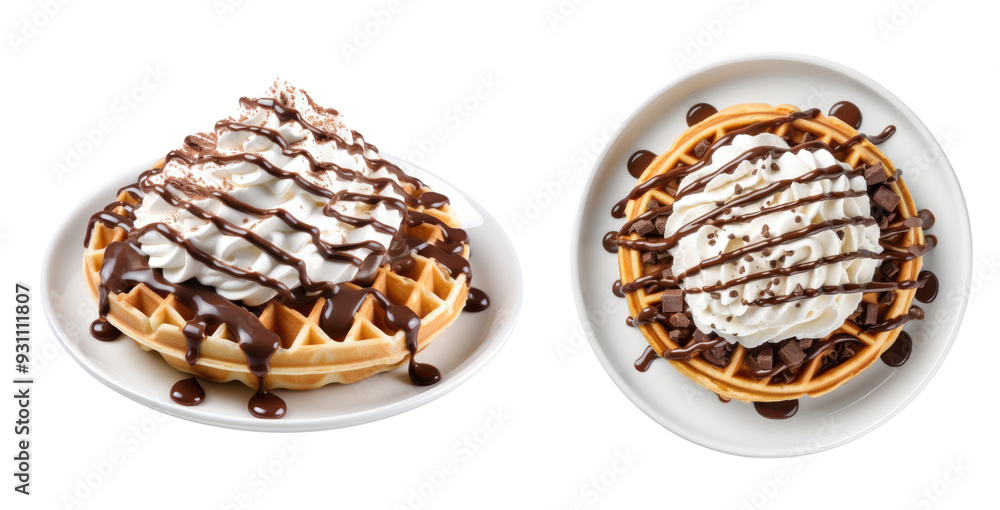Delicious plate of waffle with chocolate and whipped cream ,side and ...
