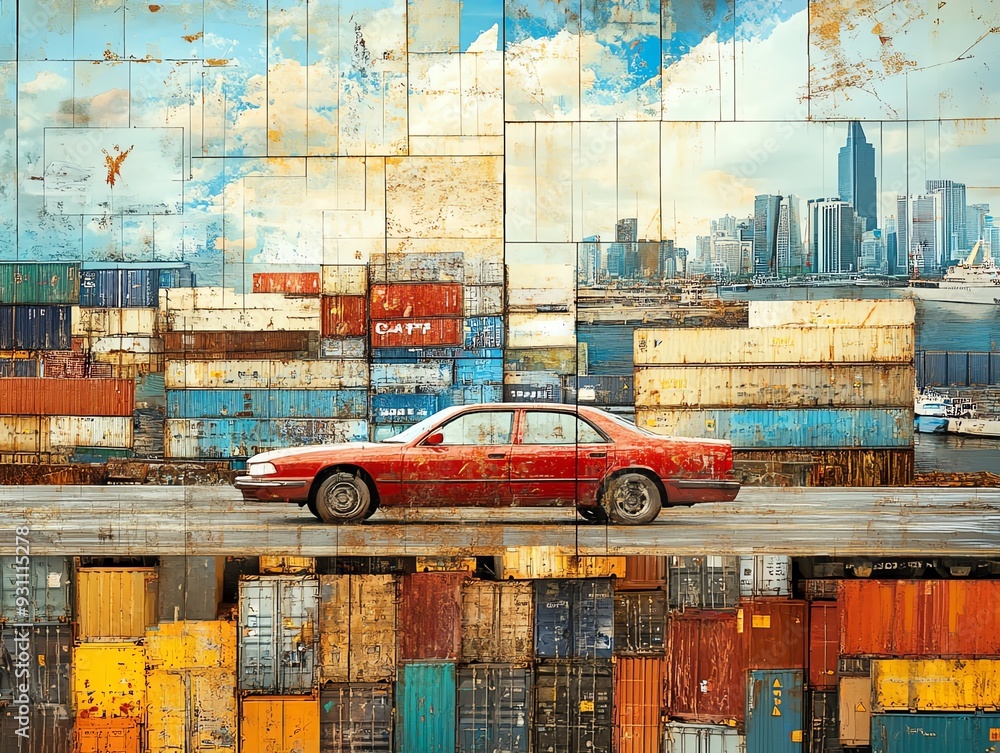 A car journeying through diverse landscapes, from highways to shipping ...