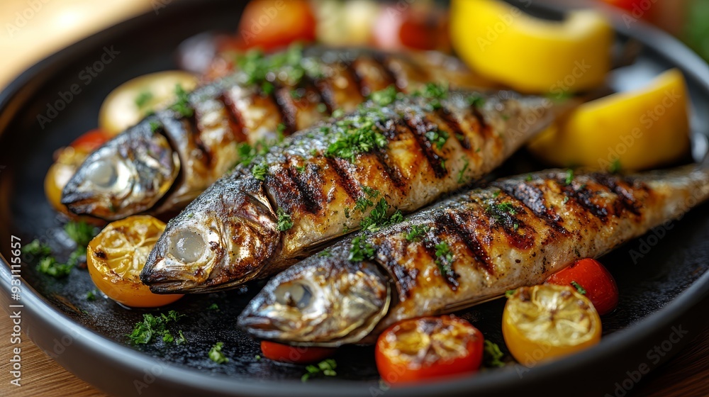 Photo Stock Grilled sardines served with a side of roasted veg 445 fish ...