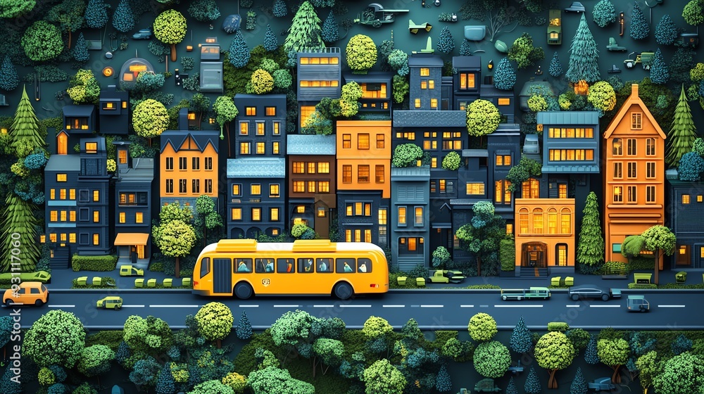 Artistic depiction of a bus journey through different districts ...
