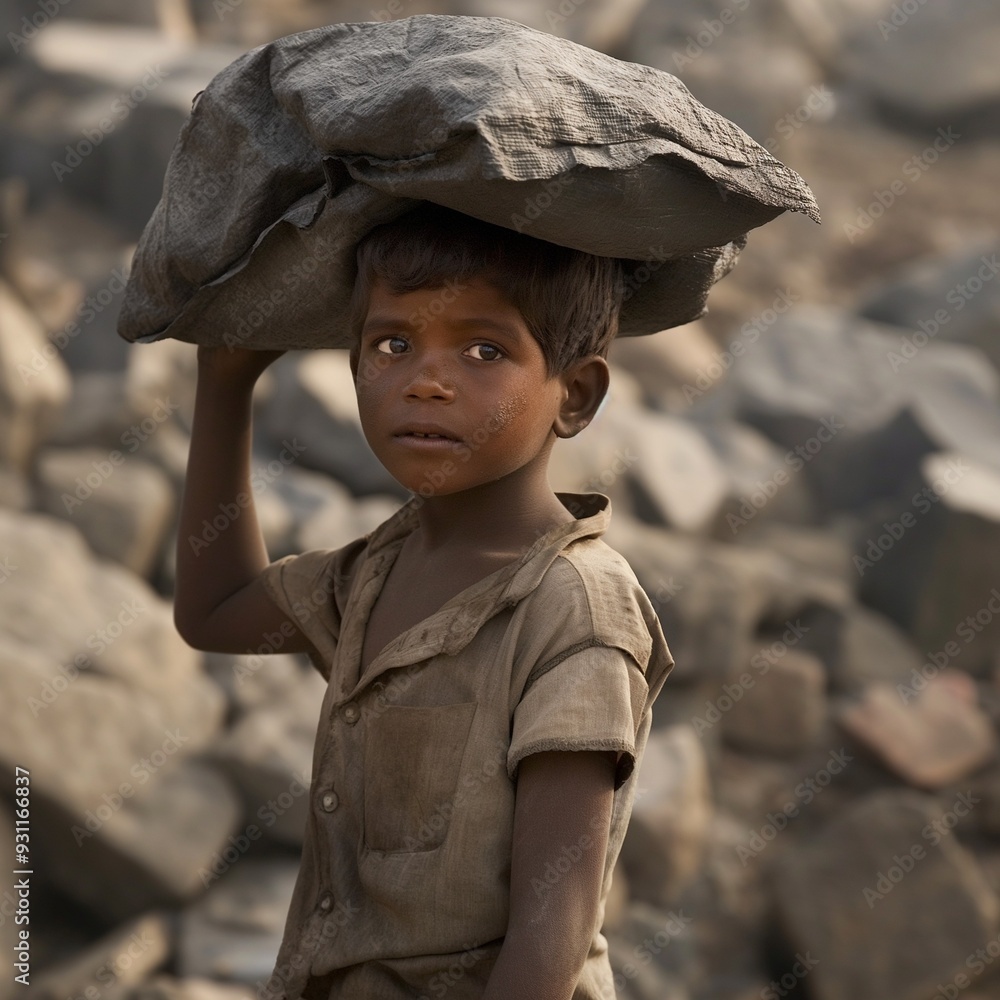 Foto de Stock Boy holding a sack in the alley above his head face ...